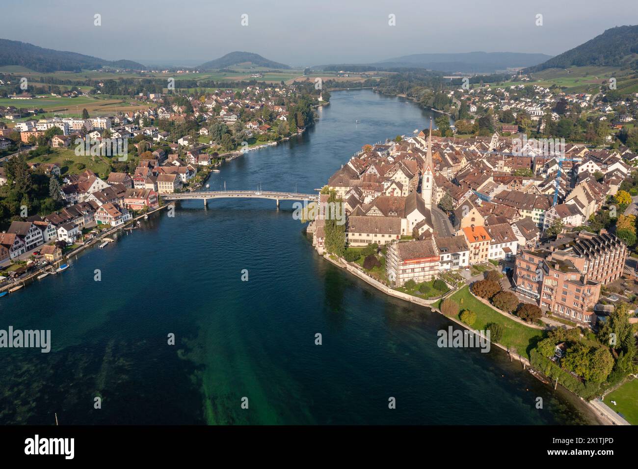 Aerial view of the Stein am Rhein medieval village by the Rhine river ...