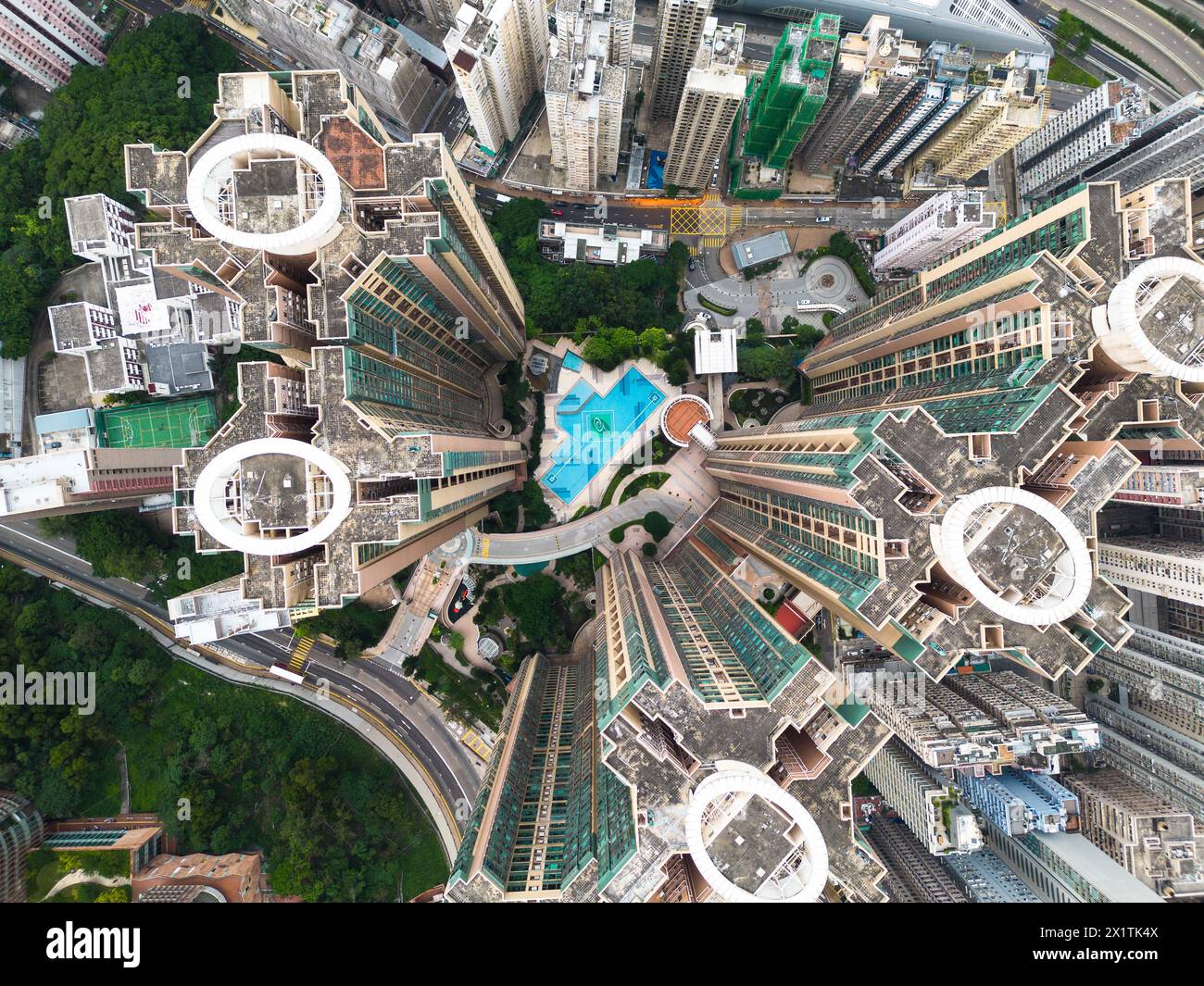 Hong Kong: Overhead view of tall condominium tower in the Kennedy town ...