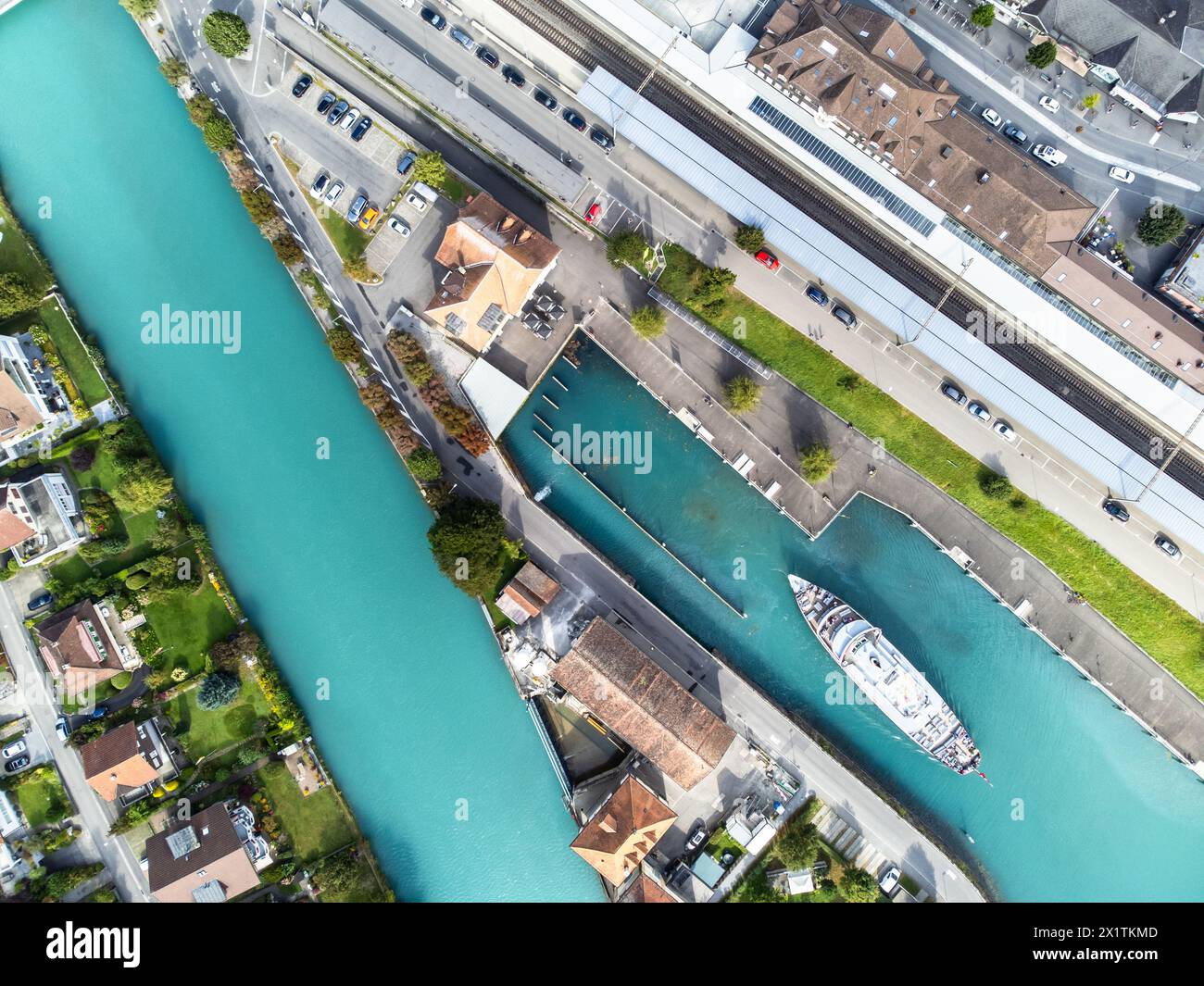 Interlaken, Switzerland: Aerial top down view of the Interlaken old ...