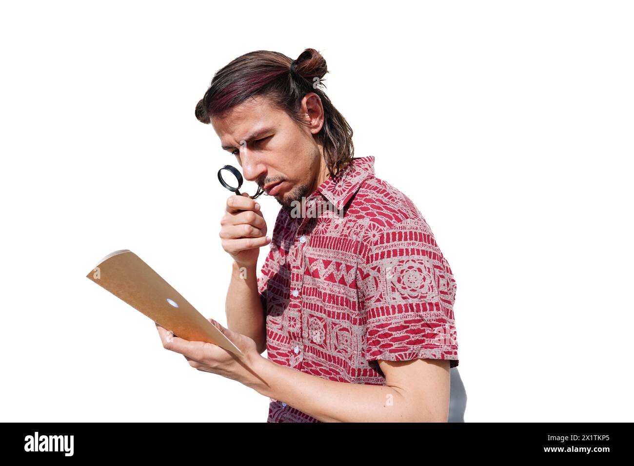 A blind man reading with a magnifying glass a book. concept of ...