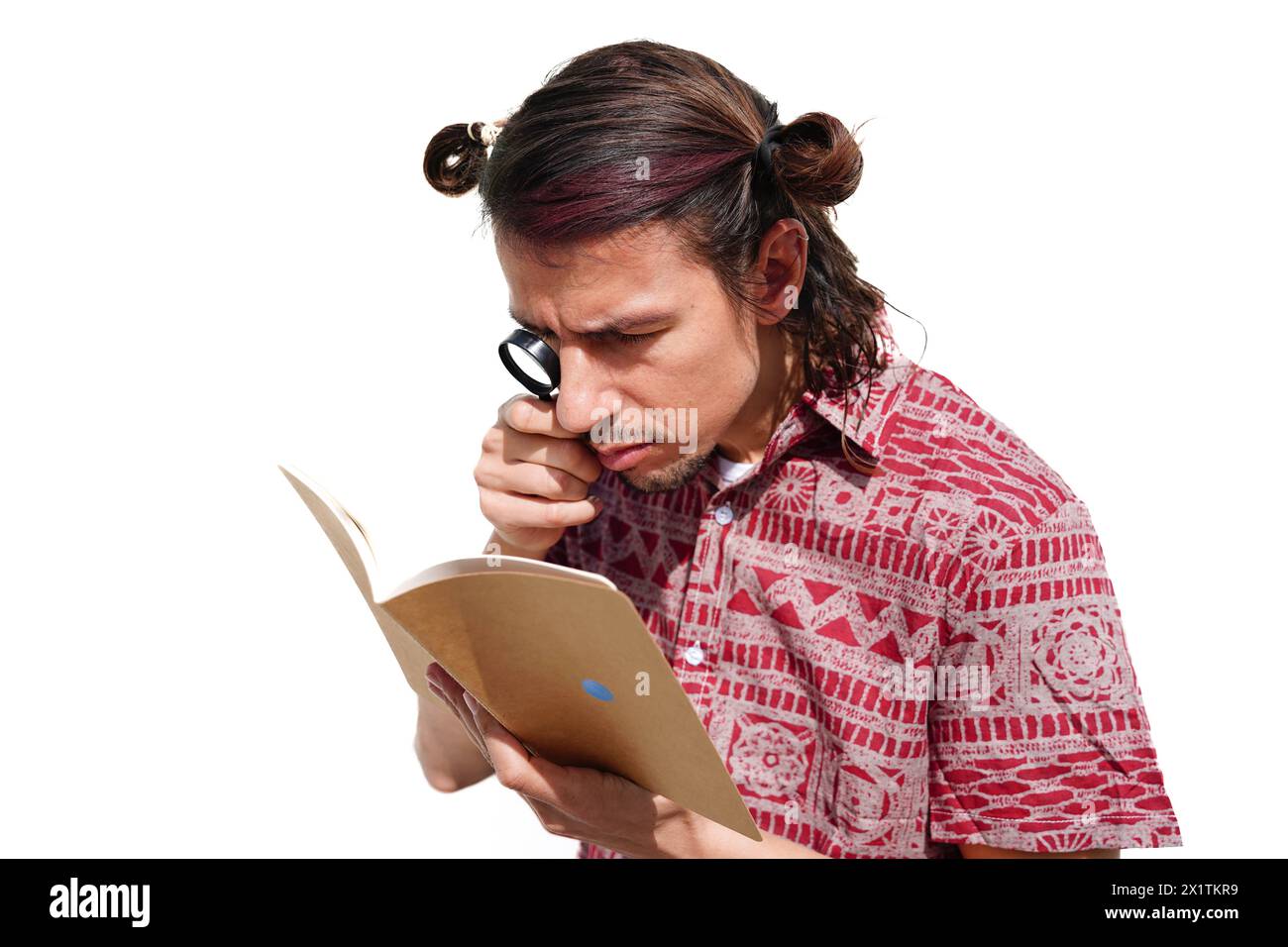 a modern man with myopia reading a book with a magnifying glass with ...