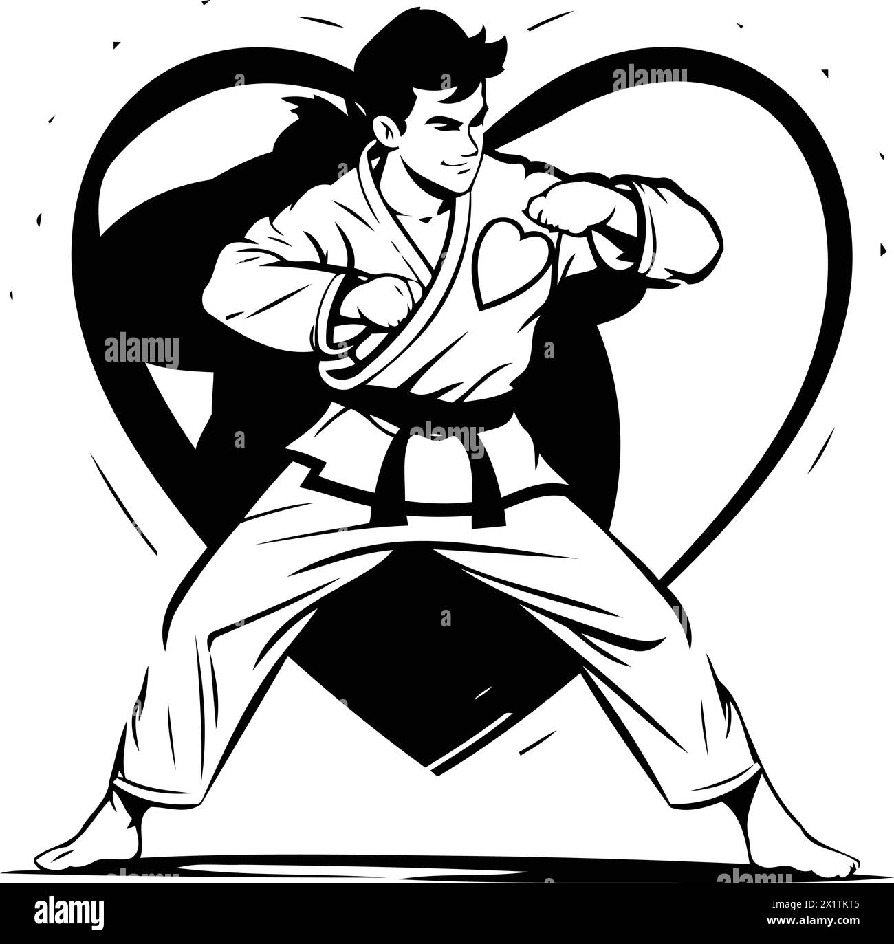 Karate man with a red heart in the background. Vector illustration ...