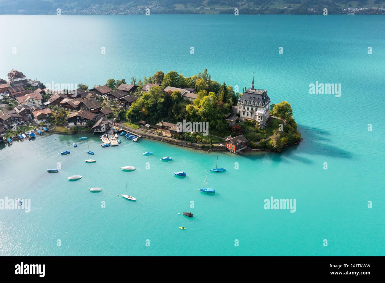 Iseltwald village on a peninsula in lake Brienz in the alps in Canton ...