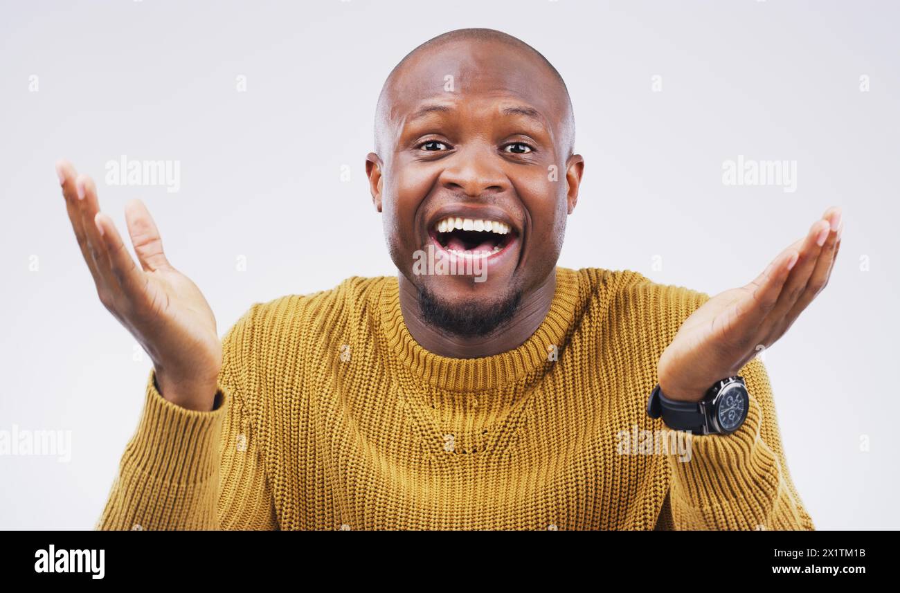 Studio, portrait and black man with I dont know or shrug with face ...