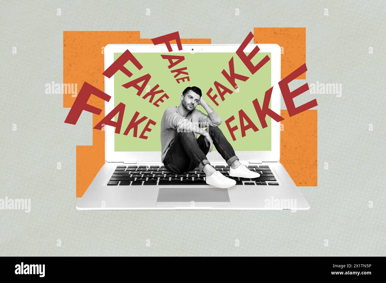 Composite photo collage of upset man sit computer keyboard macbook fake ...