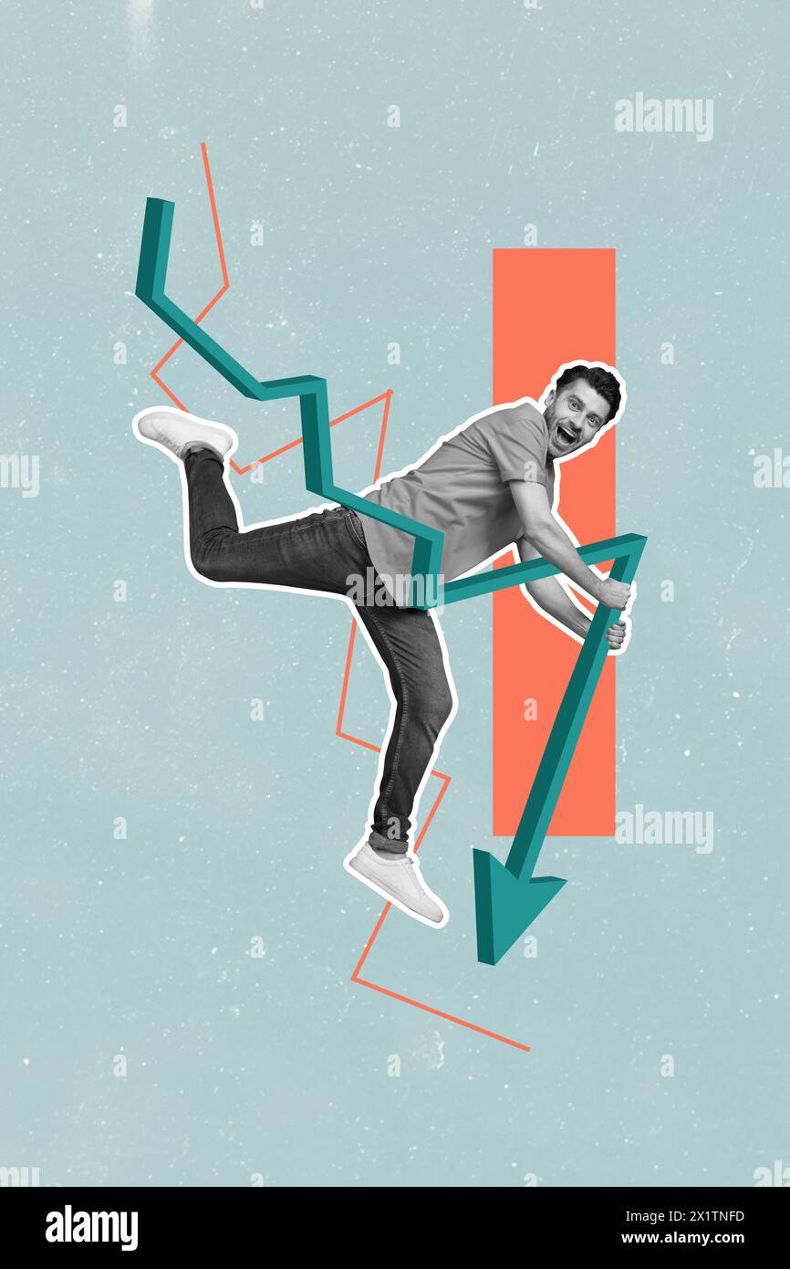 Vertical photo collage of young man scream try hold arrow failure down ... Vertical photo collage of young man scream try hold arrow failure down ...
