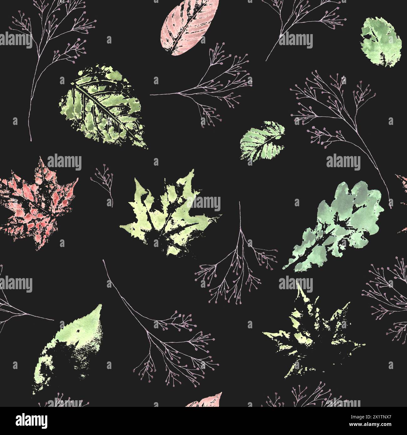 Abstract watercolor leaf traces and dry twigs seamless pattern. Delicate colorful watercolour ...