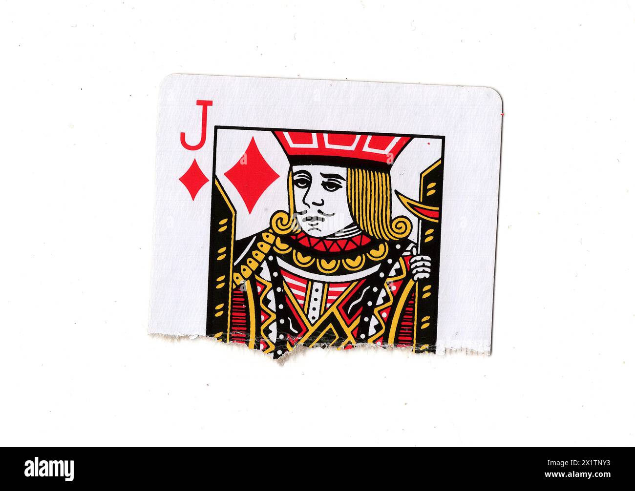 A torn half of a jack of diamonds playing card on a white background ...