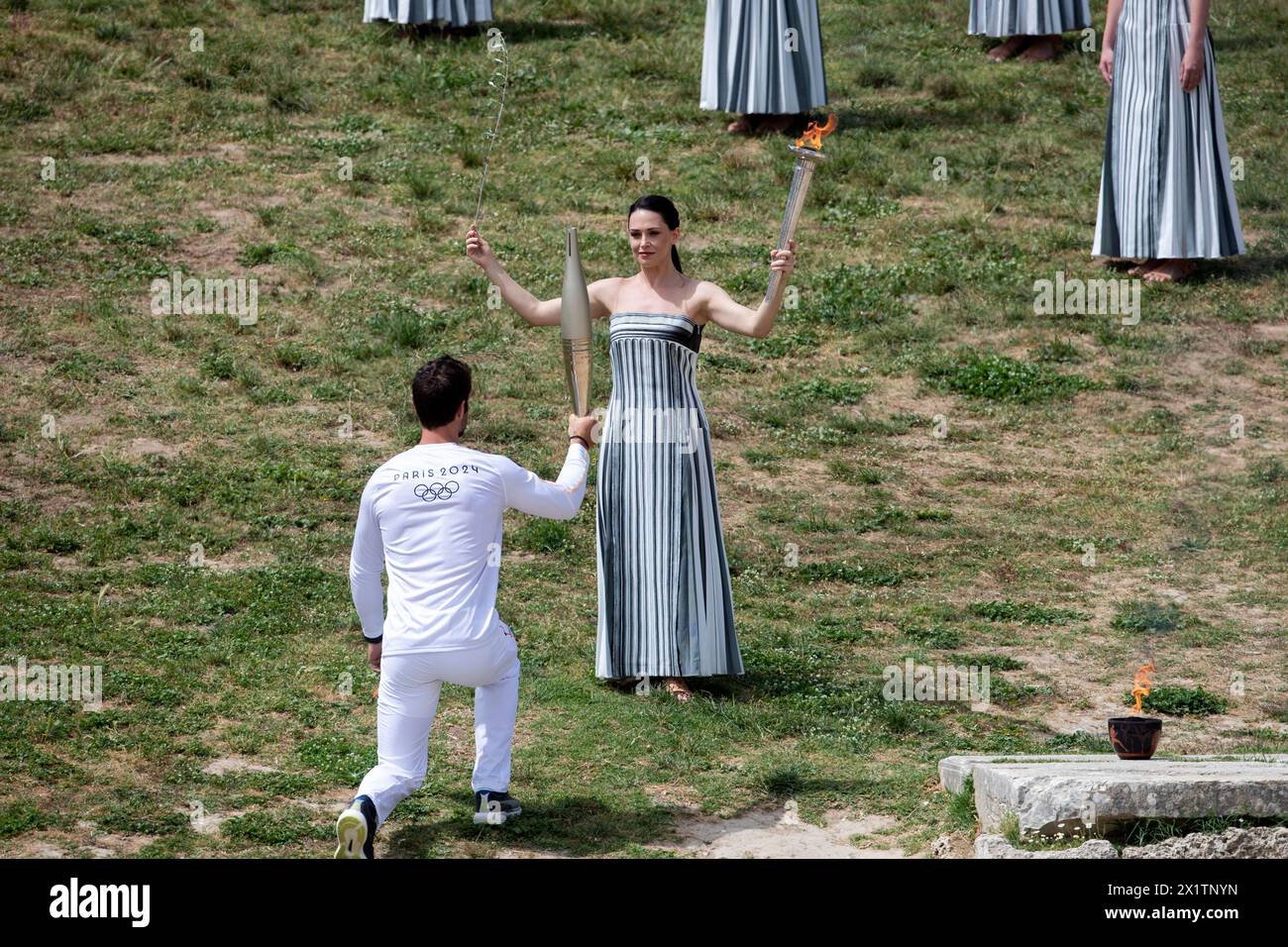 Olympia, Greece - April 15, 2024: Olympic flame lighting ceremony for ...