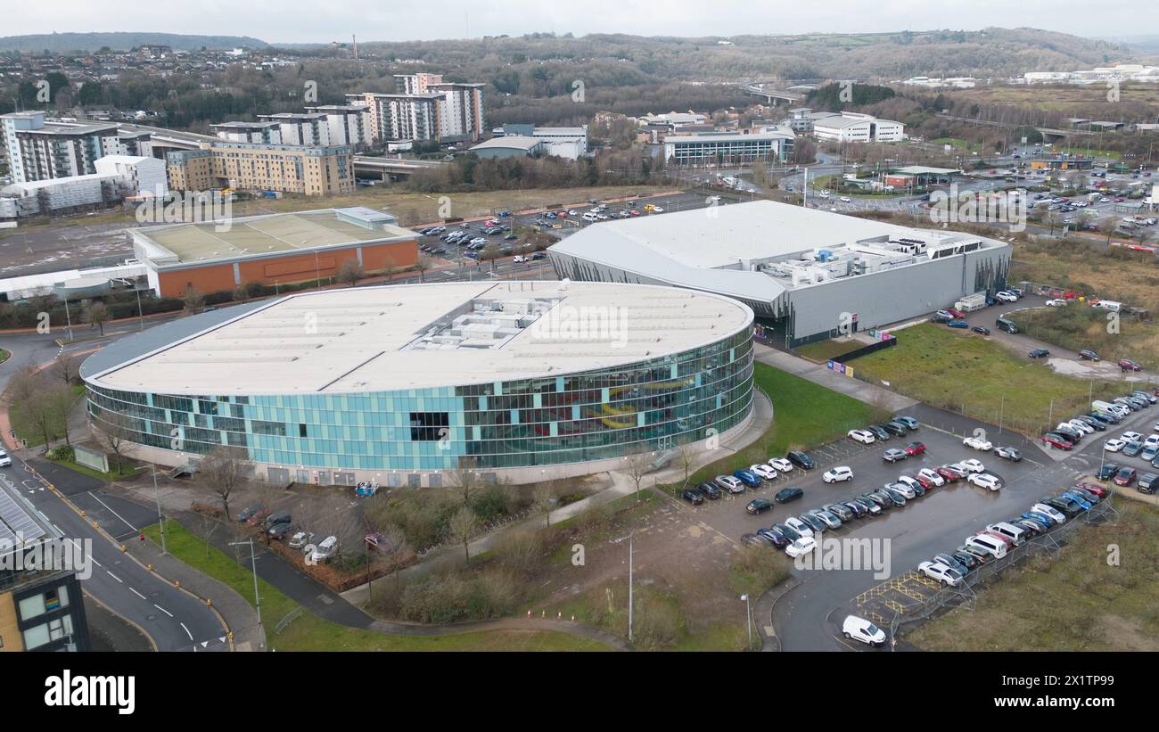 11 February 2024, Cardiff. Aerial view of the Vindico Arena and Cardiff ...