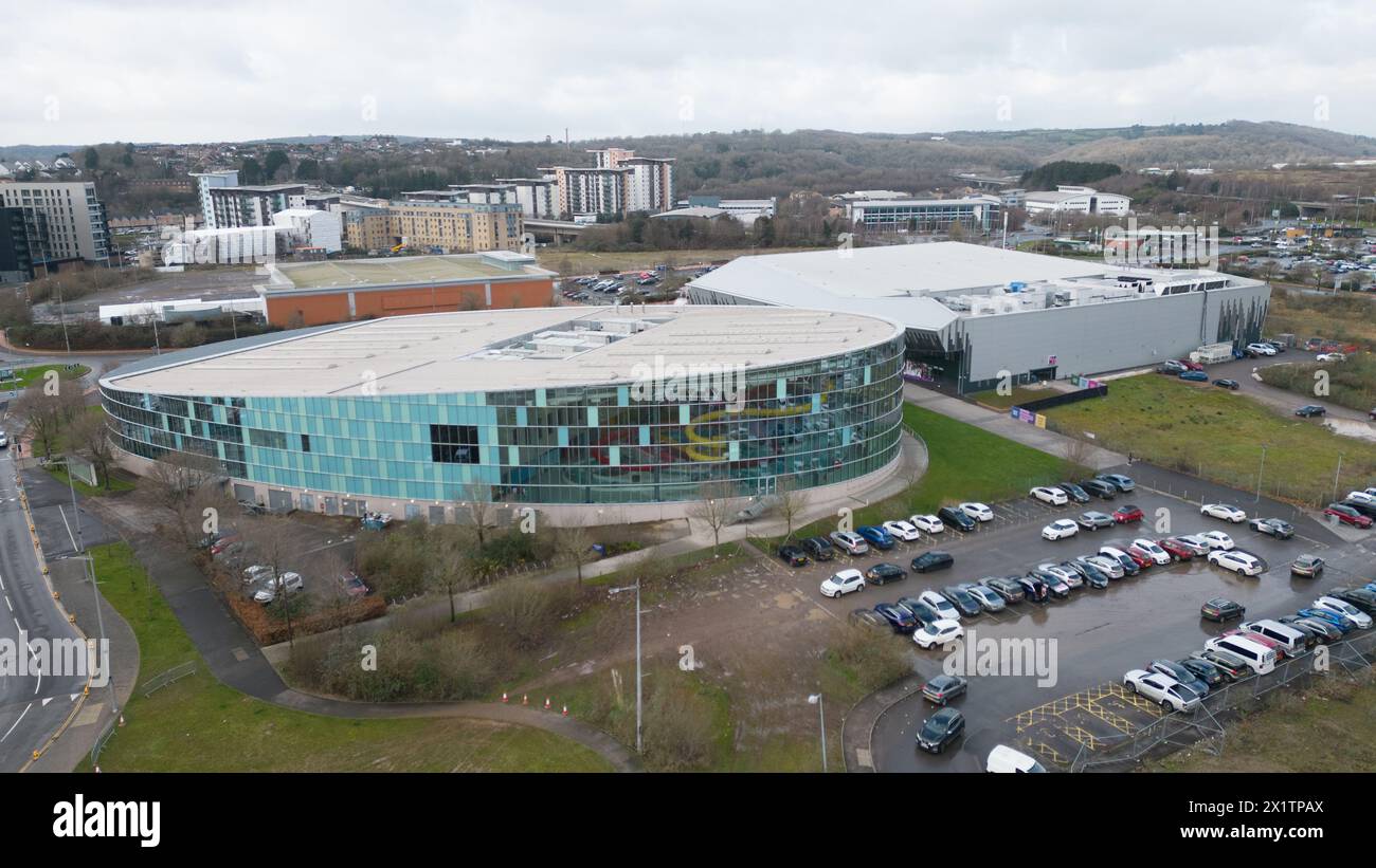 11 February 2024, Cardiff. Aerial view of the Vindico Arena and Cardiff ...