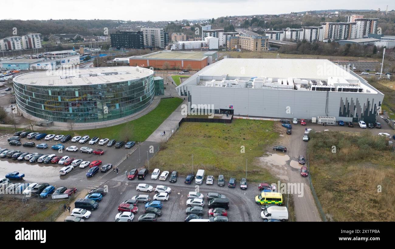 11 February 2024, Cardiff. Aerial view of the Vindico Arena and Cardiff ...