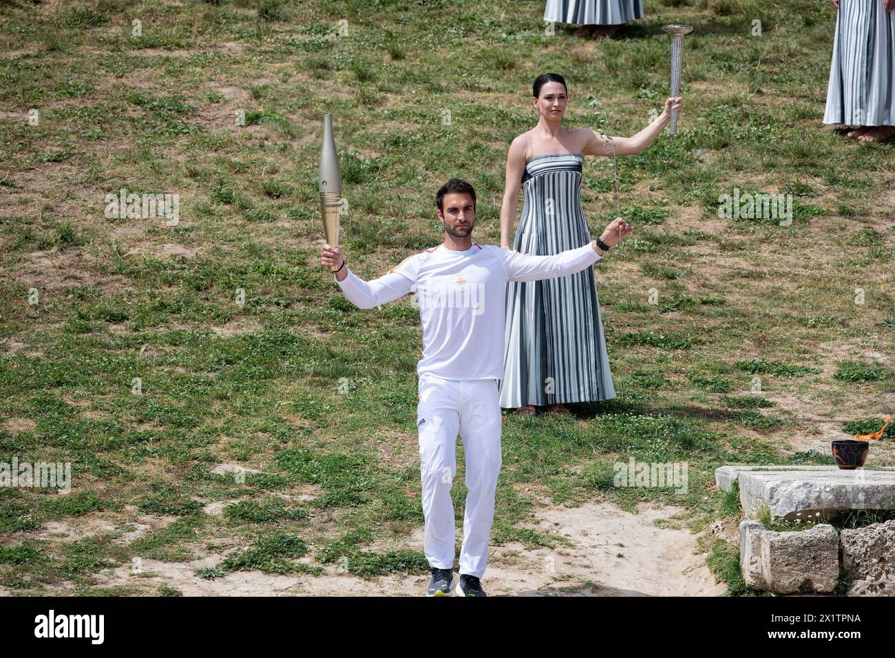 Olympia, Greece - April 15, 2024: Olympic flame lighting ceremony for ...