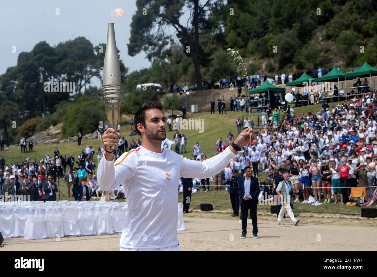 Olympia, Greece - April 15, 2024: Olympic flame lighting ceremony for ...