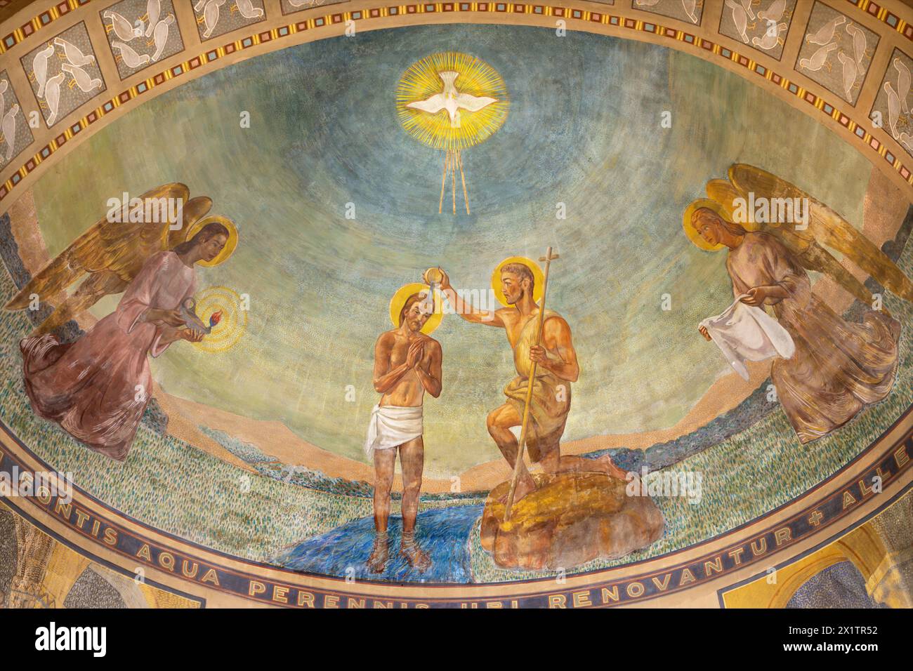 MILAN, ITALY - MARCH 4, 2024: The fresco Baptism of Jesus in the church ...