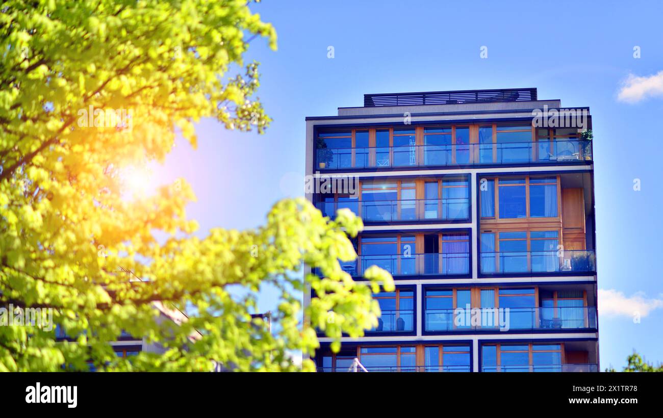 Eco architecture. Green tree and new residential building. Harmony of ...