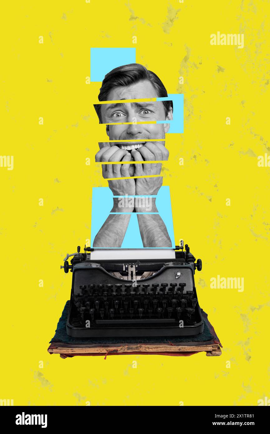 Vertical photo collage of scared man bite fingers mental problem ...