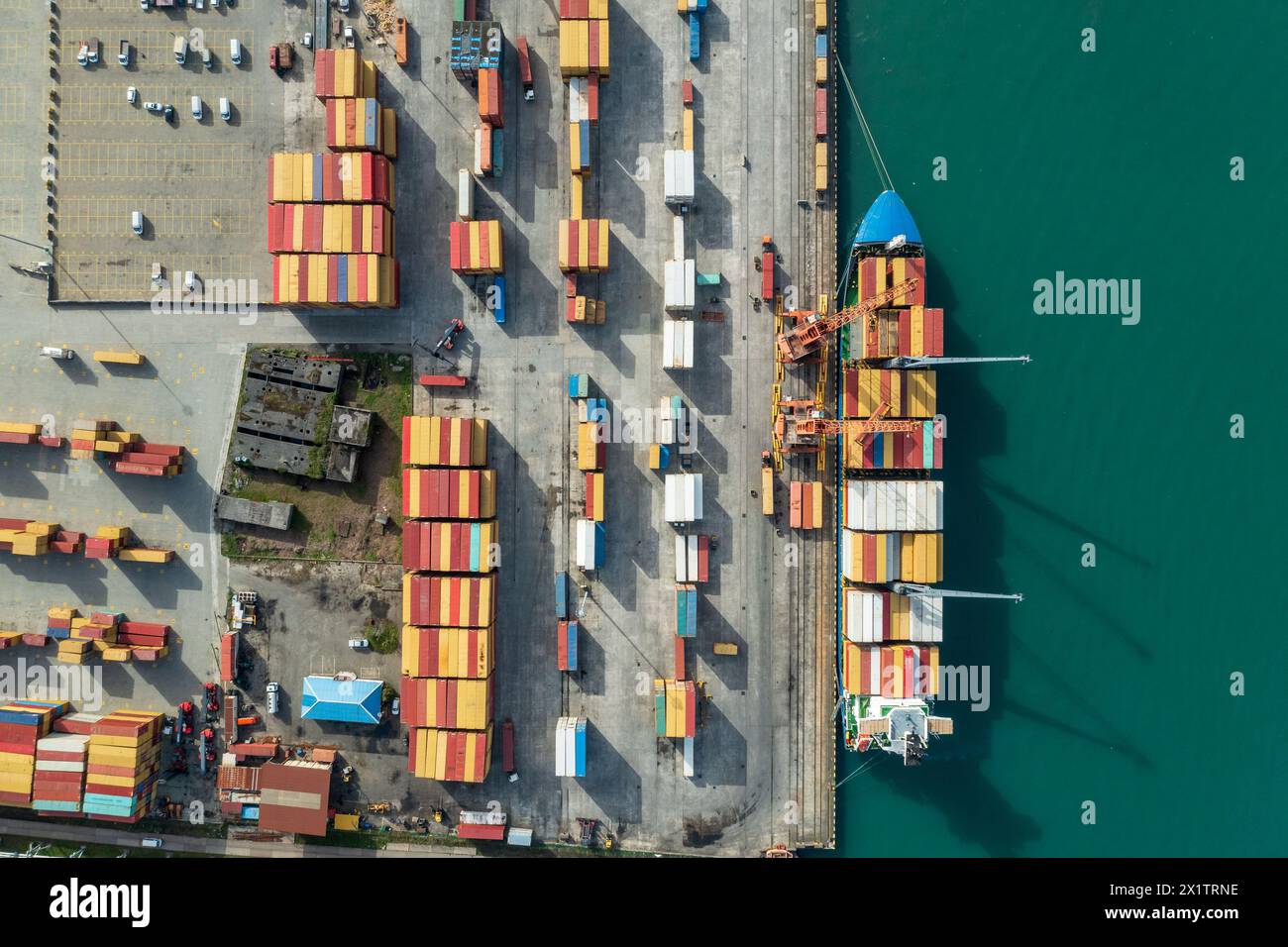 Aerial view of cargo port with container terminal at dock ...