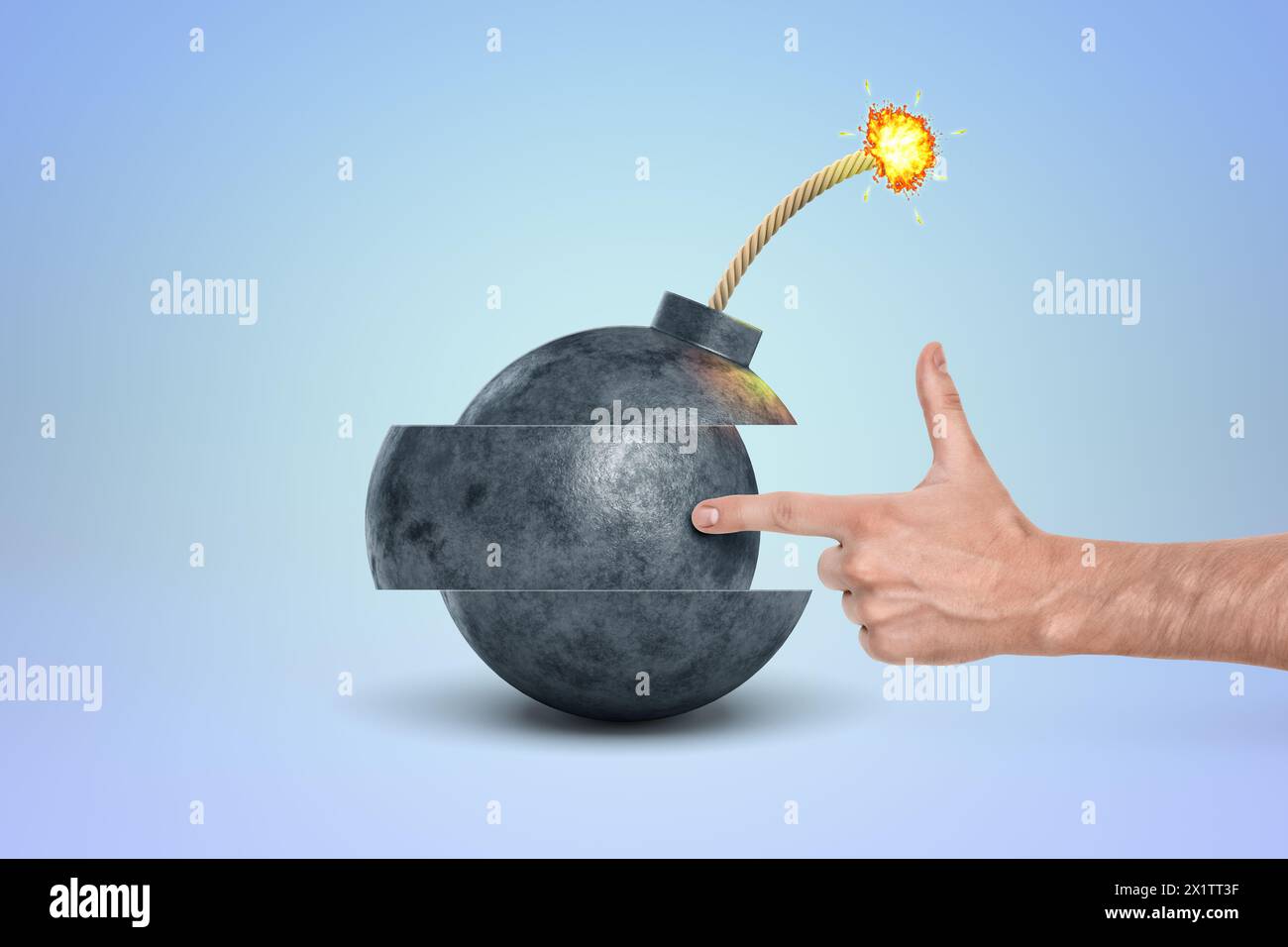 Hand pointing at a cartoon bomb with fuse Stock Photo - Alamy