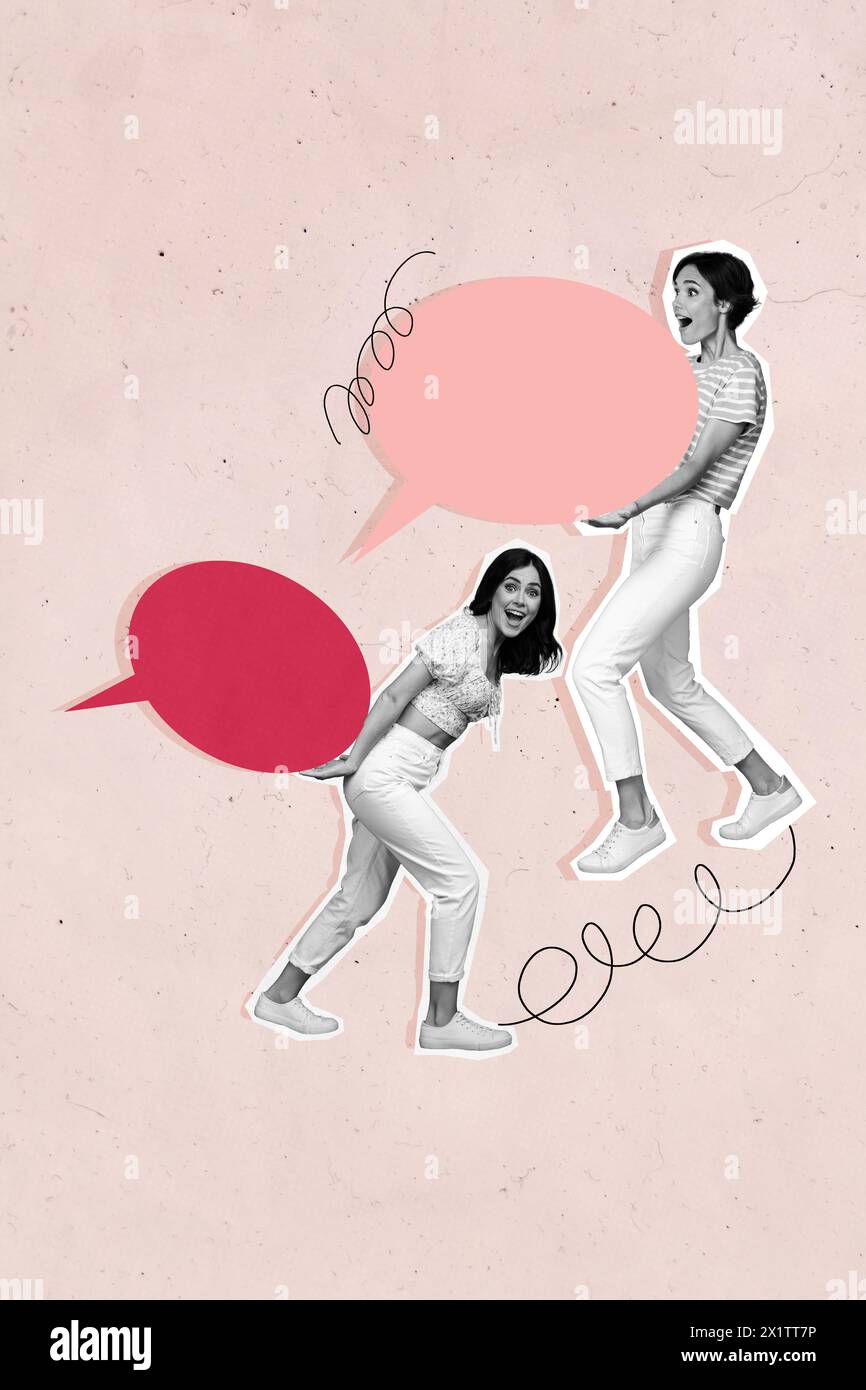 Vertical photo collage of happy girls carry cloud bubble message ...