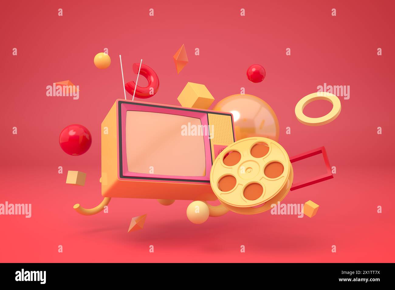 Retro TV with film reel on red Stock Photo - Alamy