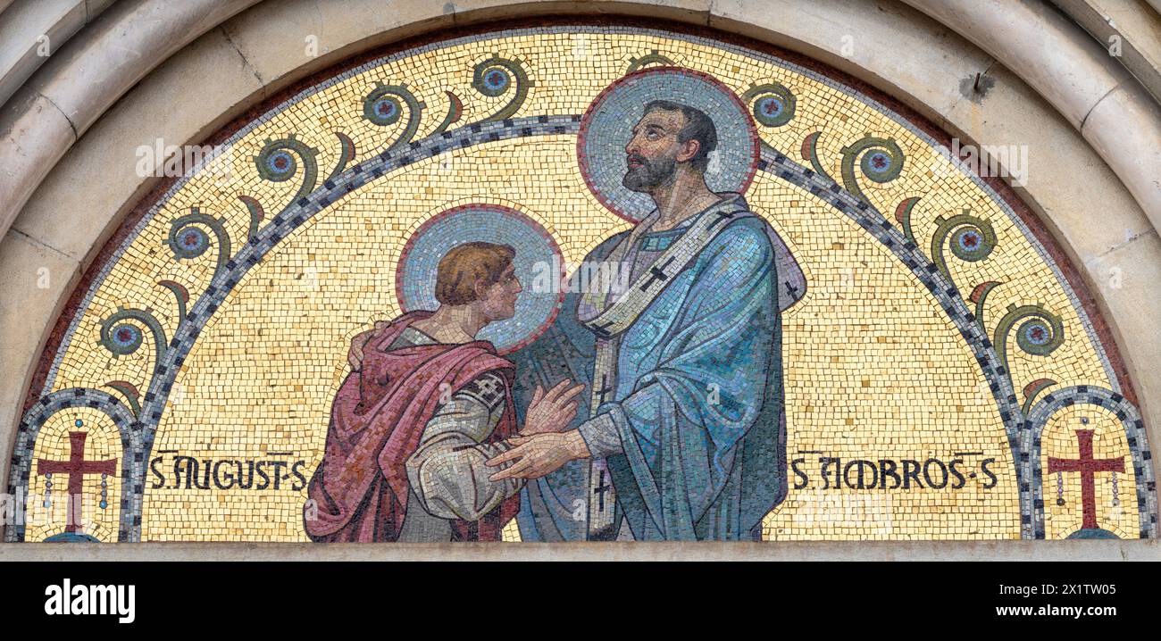 MILAN, ITALY - MARCH 4, 2024: The mosaic of Conversion of St. Augustine ...