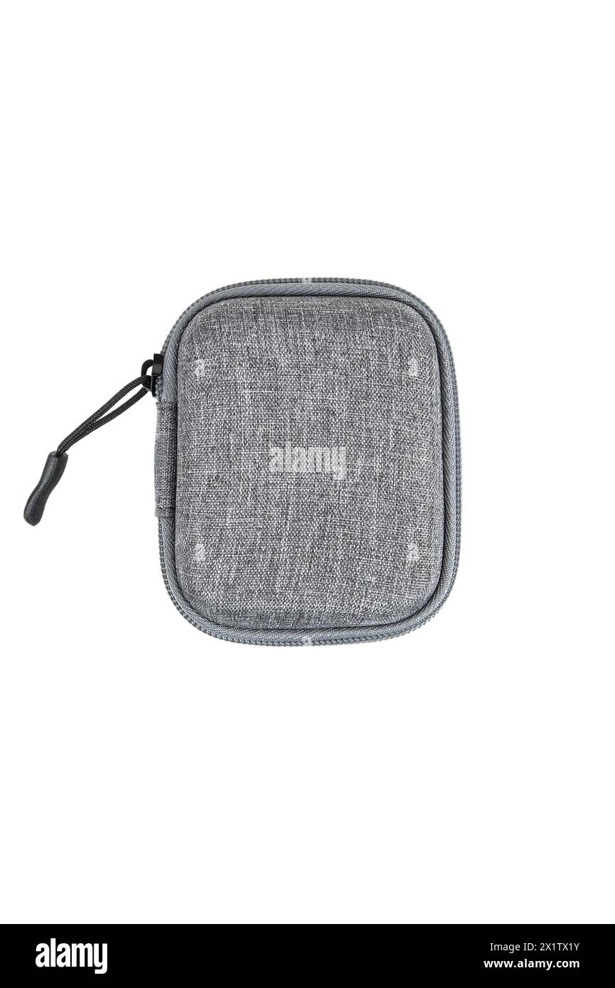 Protective hard case with a zipper and a gray fabric texture. Isolate ...