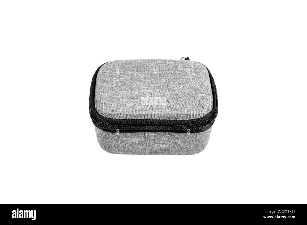 Protective hard case with a zipper and a gray fabric texture. Isolate ...