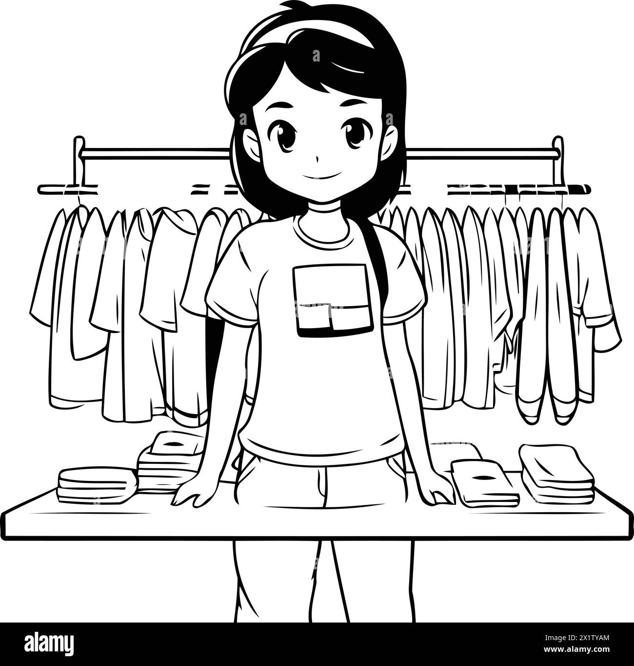 Cute Girl In The Clothing Store Vector Illustration In Cartoon Style