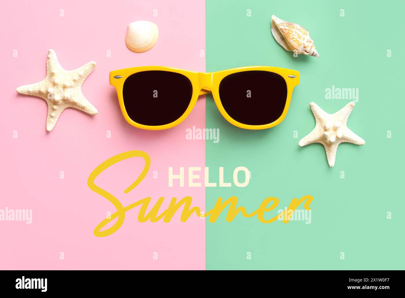 Hello Summer. Top view of yellow sunglasses, starfish, seashells and ...