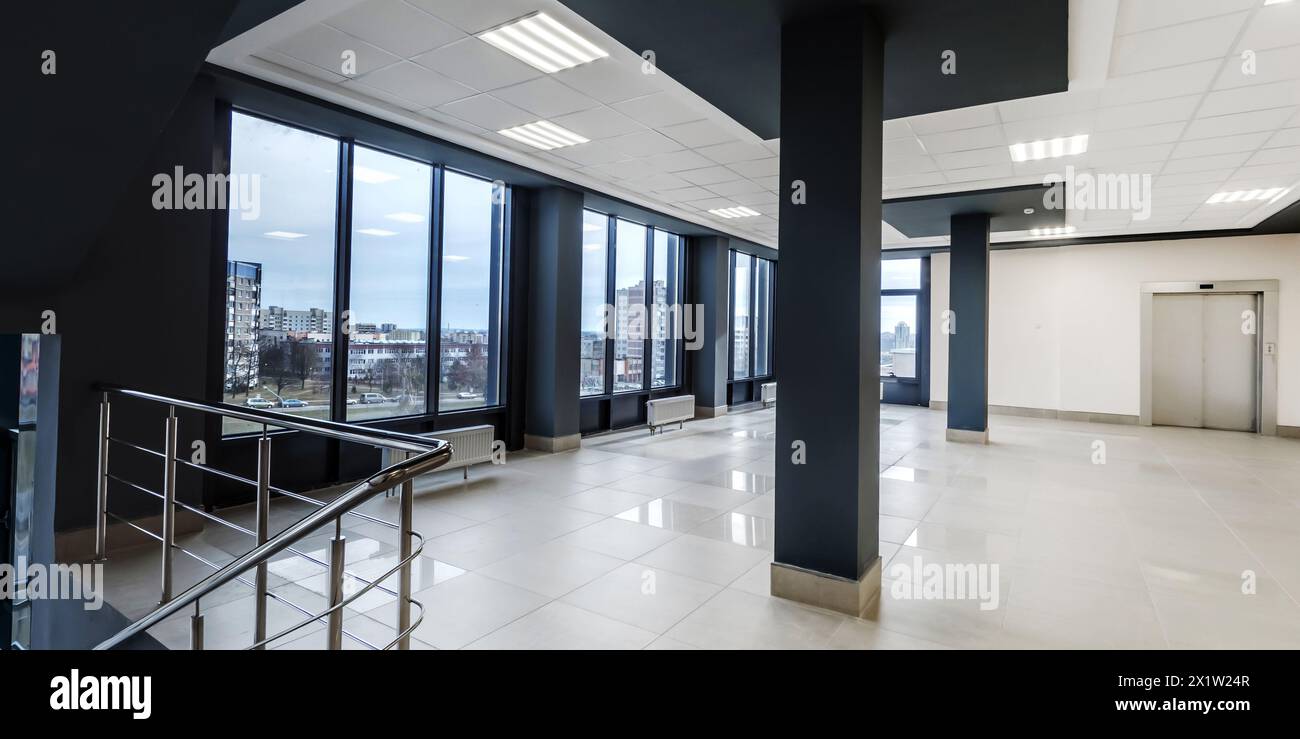panorama view in empty modern hall with columns, doors, stairs and ...