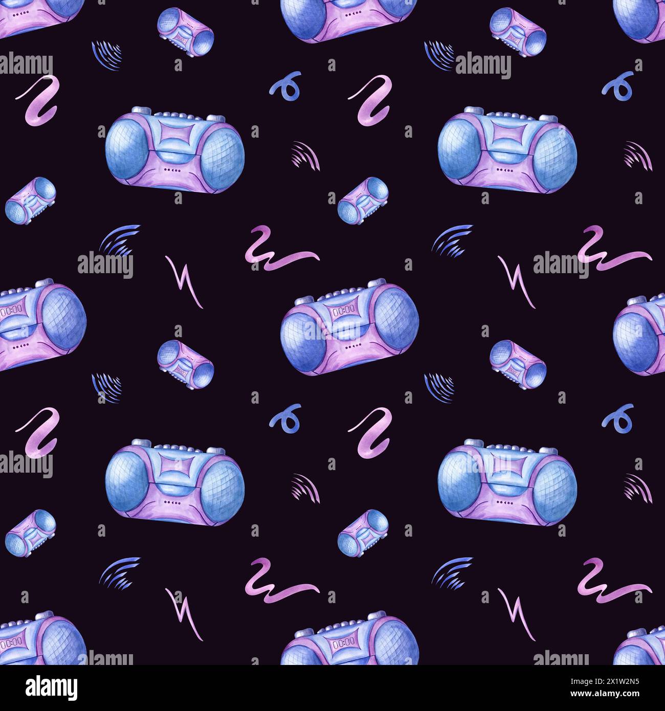 Cassette boombox player in 90s style. Seamless pattern of blue purple ...