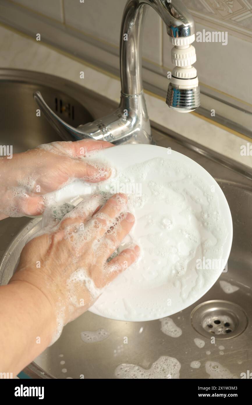 Close-up of a woman washing dishes in the kitchen sink with a scouring ...