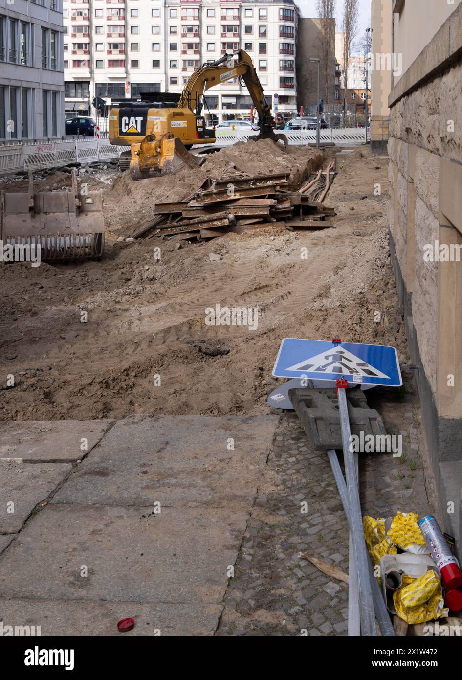 Construction site at the tram track bed in Berlin-Mitte, Germany Stock ...