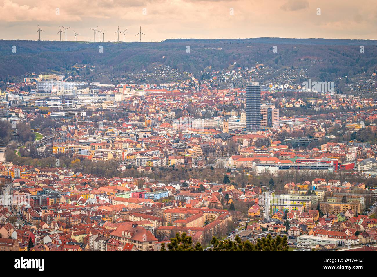 City centre of Jena with the Jentower in the centre and the Kernberge ...