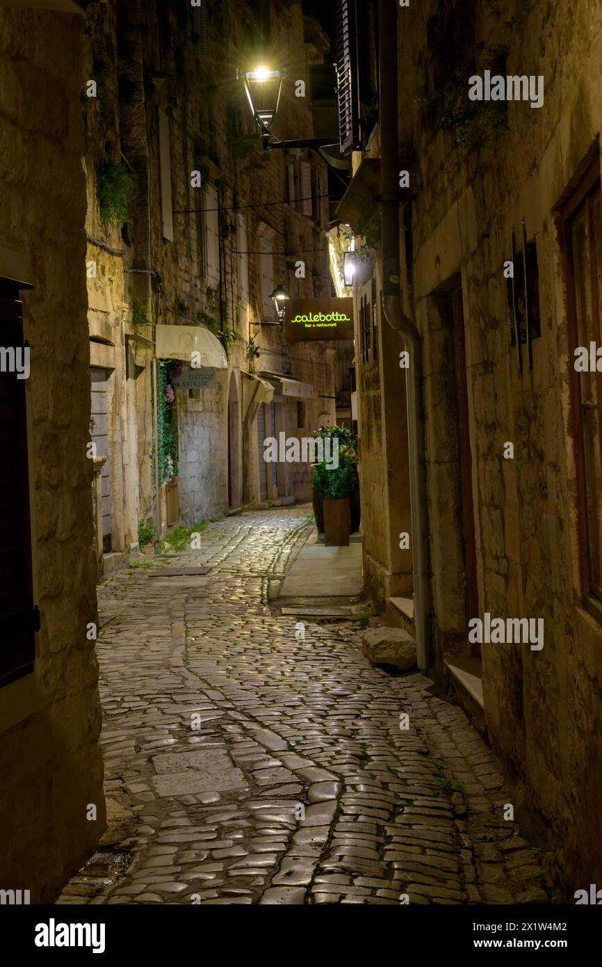 Night scene of a narrow alley with cobblestone floor and illuminated ...