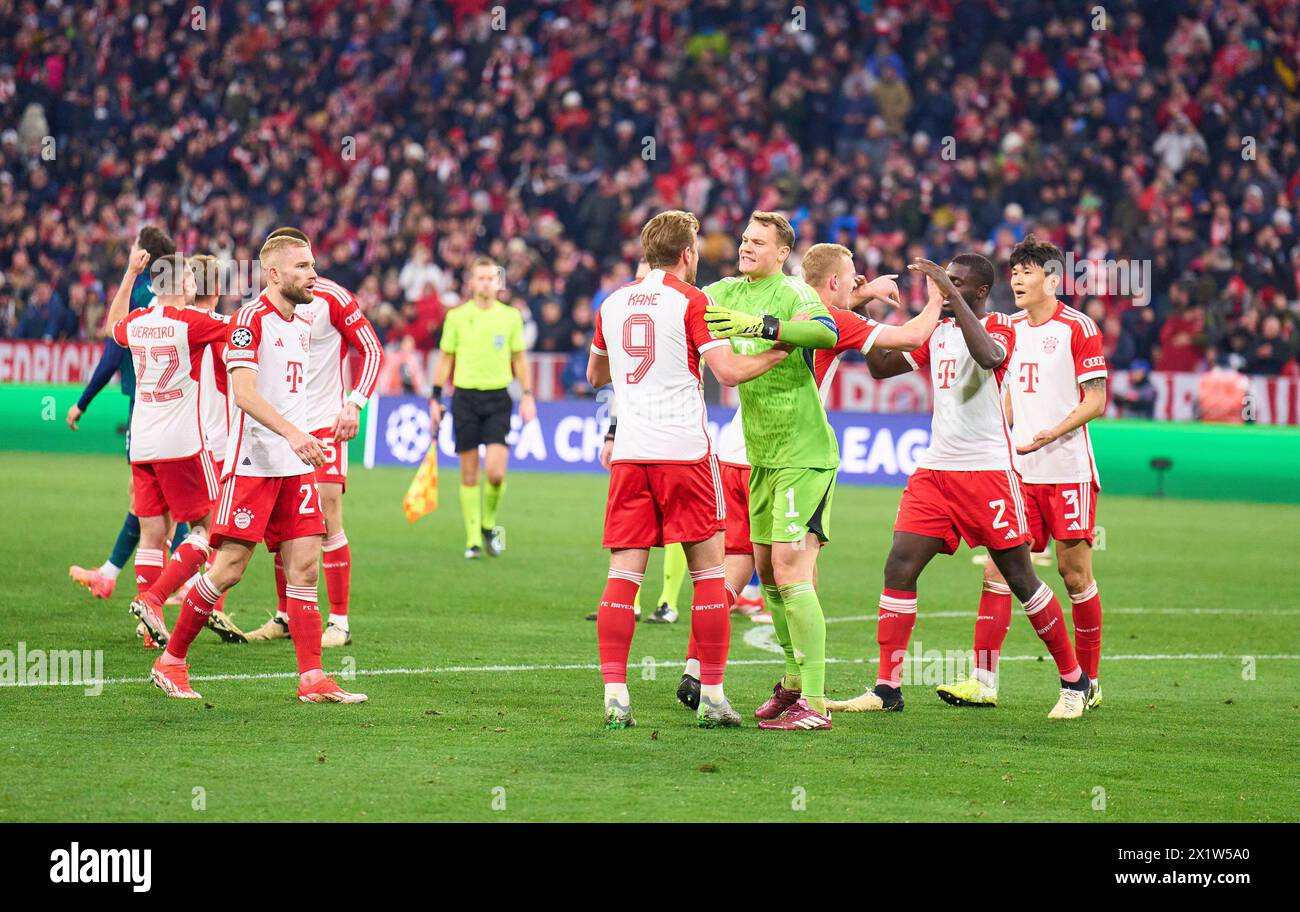 Munich, Apr 17, 2024. Harry Kane, FCB 9 Leon GORETZKA, FCB 8 Manuel ...