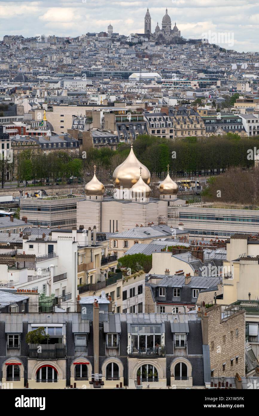 View from the Eiffel Tower to the Russian Orthodox Cathedral and Sacre-Coeur de Montmartre ...