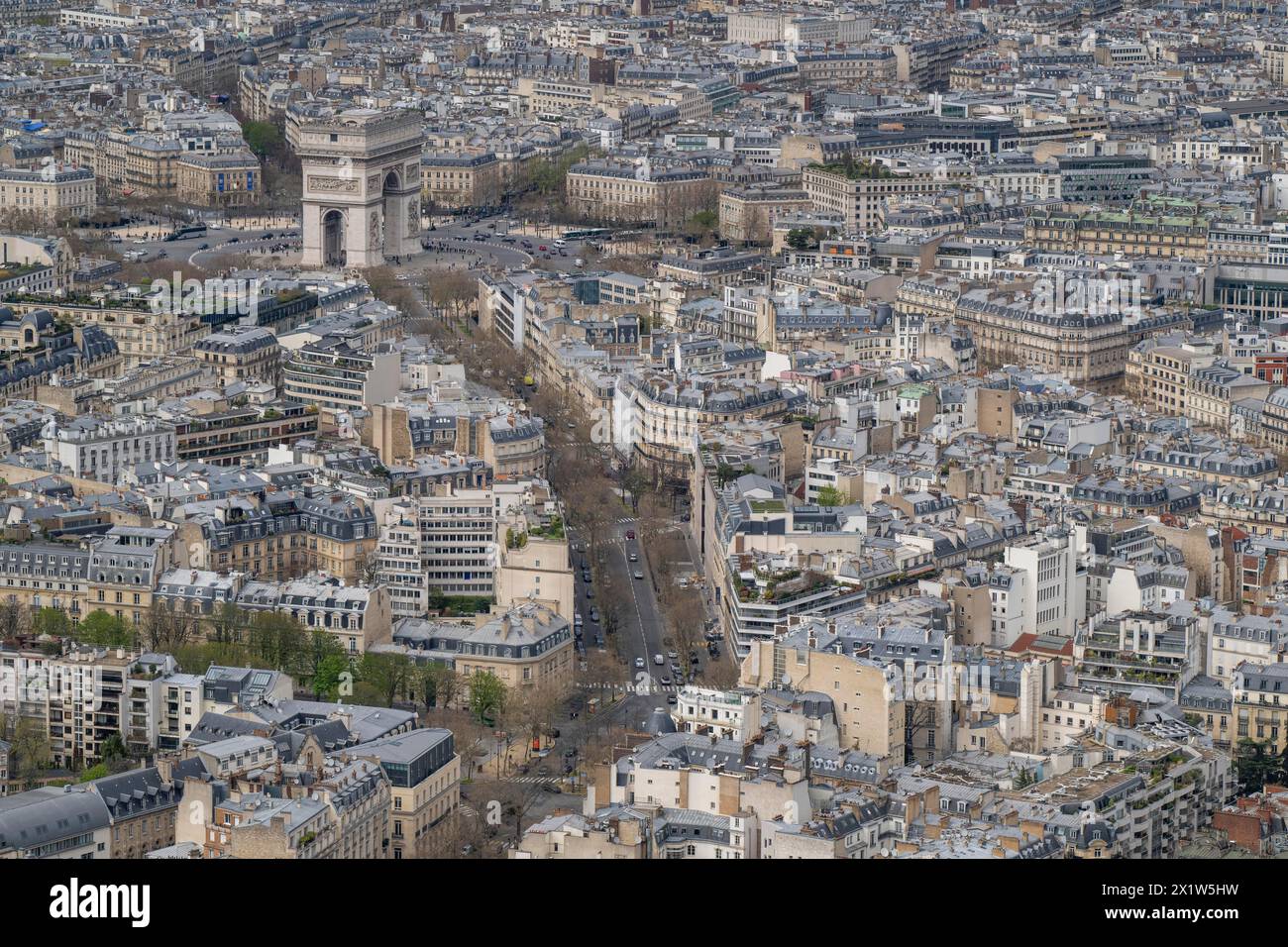 City view from the top of the Eiffel Tower towards the Arc de Triomphe, Paris, France Stock ...