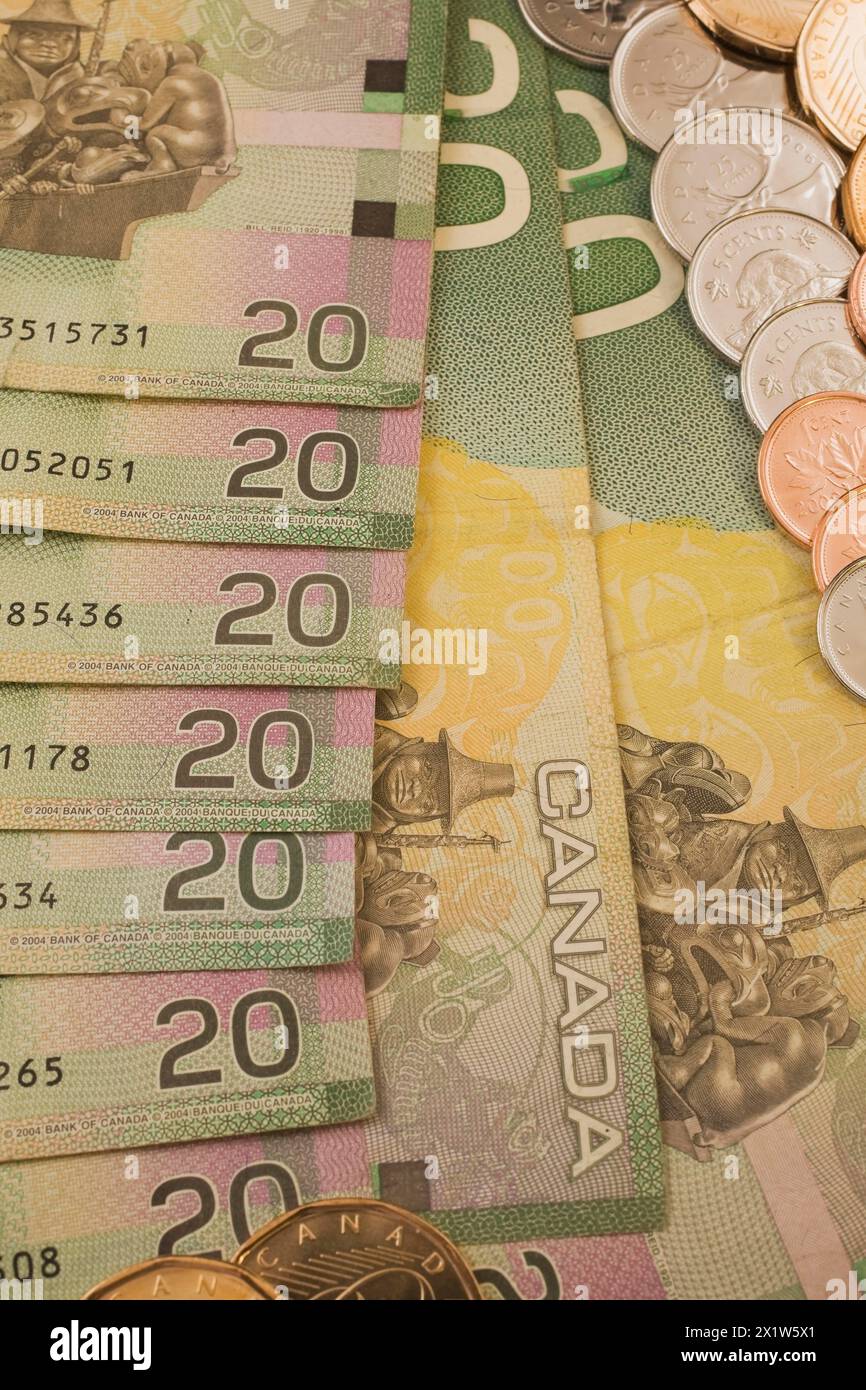 Close-up of reverse side of green, yellow and pink Canadian Bank of ...