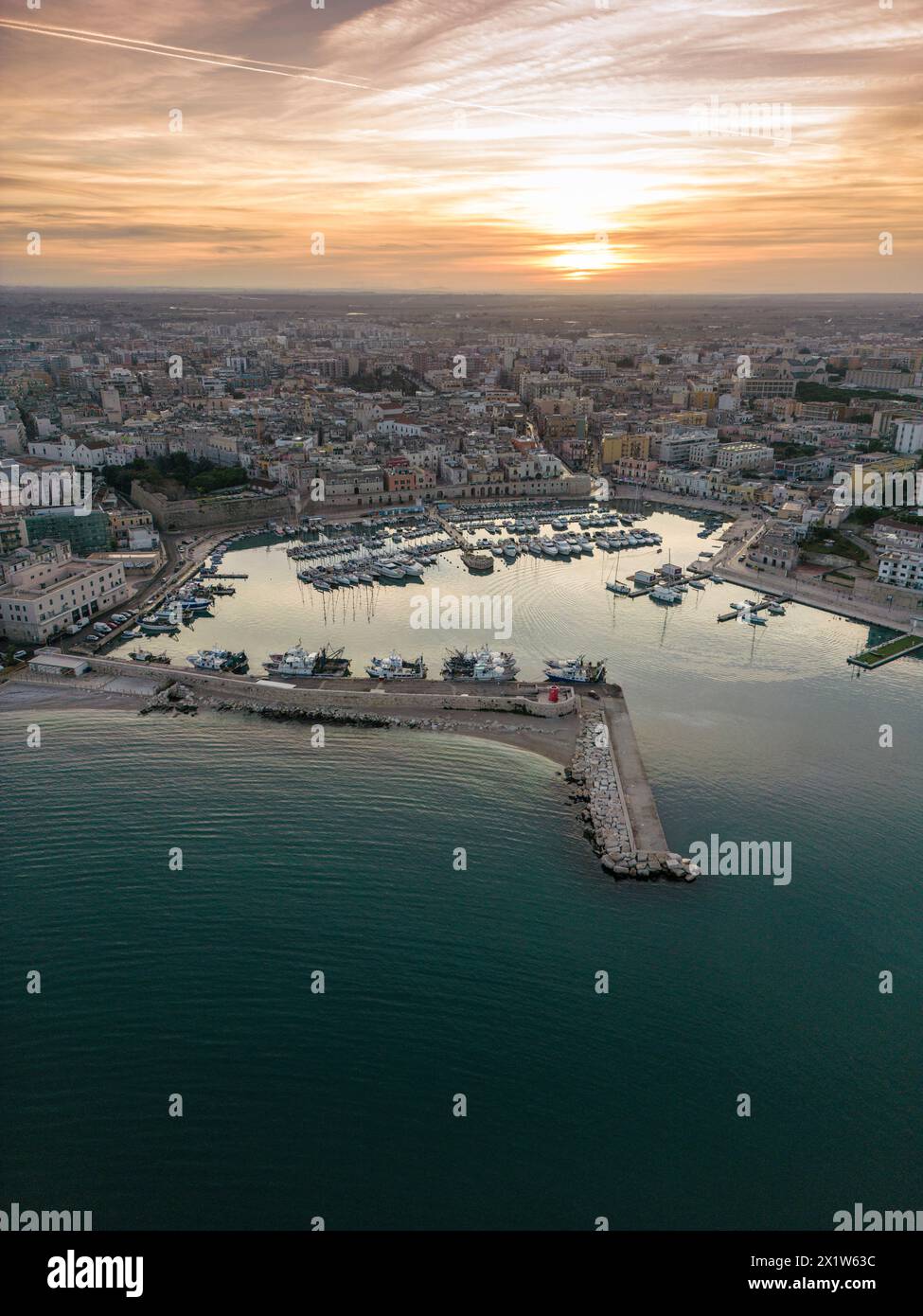 Aerial view of seafront and old town Bisceglie in Puglia with drone on ...