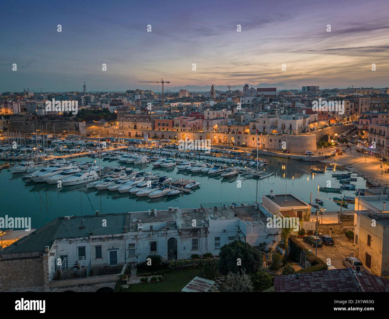 Aerial view of seafront and old town Bisceglie in Puglia with drone on ...