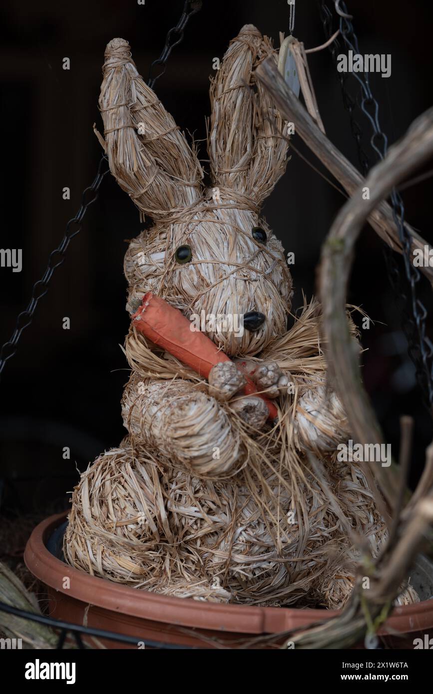 Straw wicker rabbit with carrot, sitting in front of a dark background ...