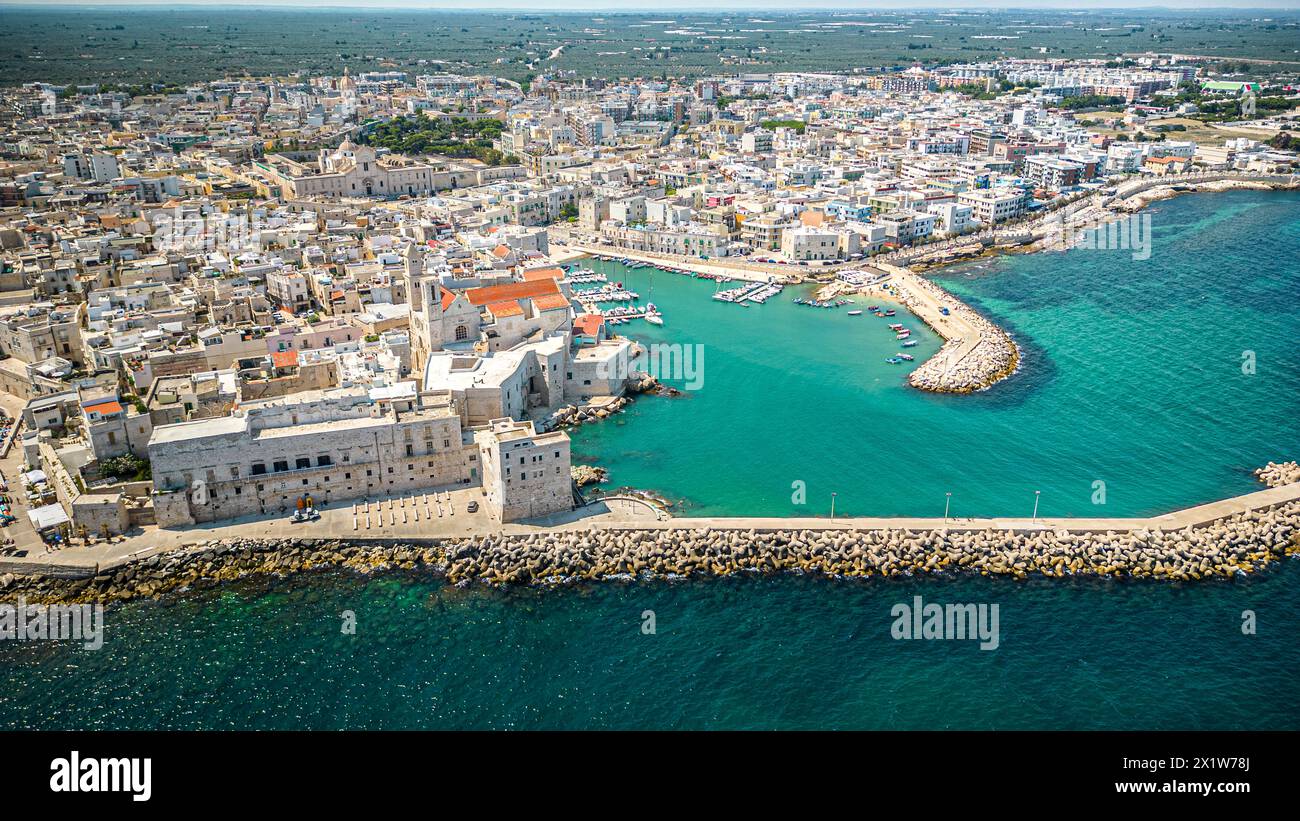 Aerial view of Giovinazzo seafront and old town in Puglia with drone ...