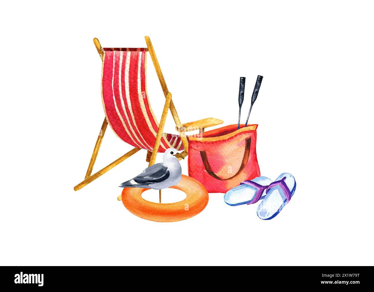 Watercolor set of summer theme, striped beach chair, red beach bag ...