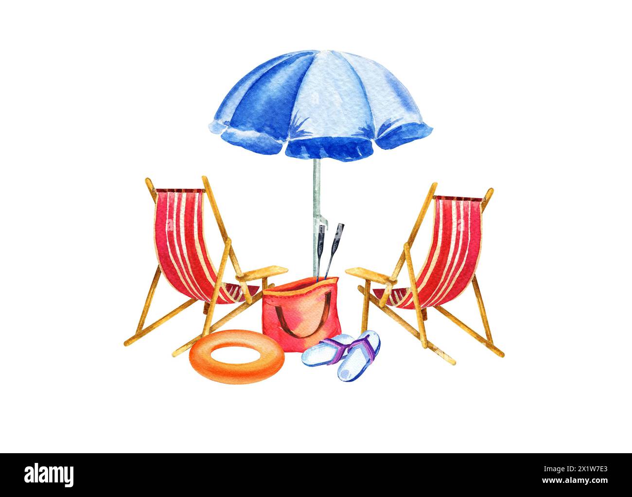 Watercolor set of summer theme, two striped beach chairs, beach ...