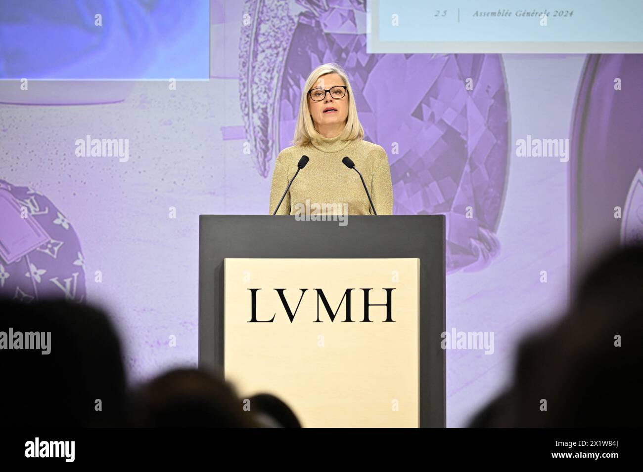 Paris, France. 18th Apr, 2024. Chantal Gaemperle, Director of Human Resources for the LVMH Group ...