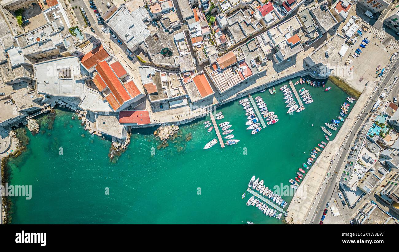 Aerial view of Giovinazzo seafront and old town in Puglia with drone ...