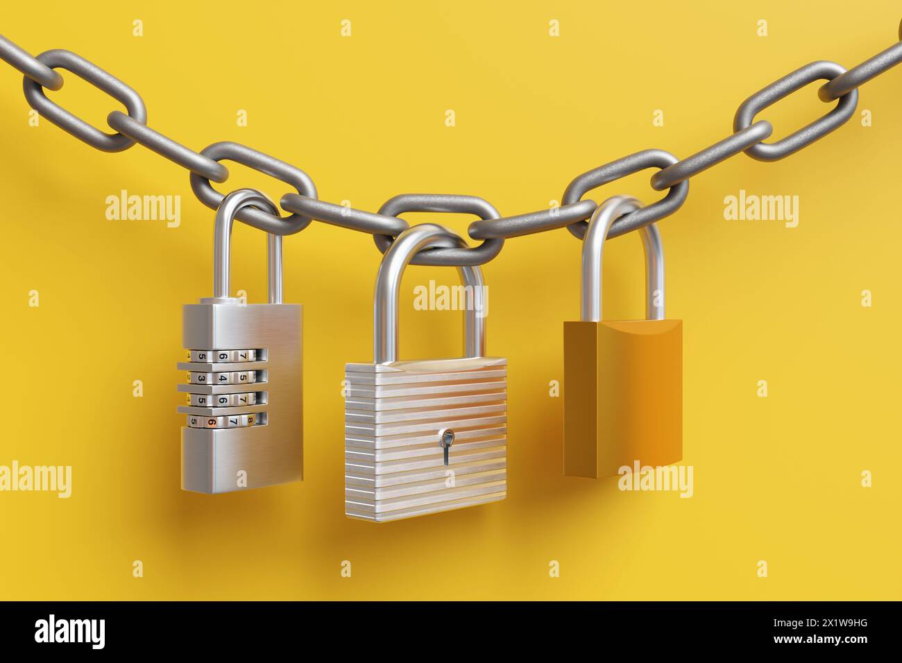 3 different type of padlocks locked on a metallic chain on yellow ...