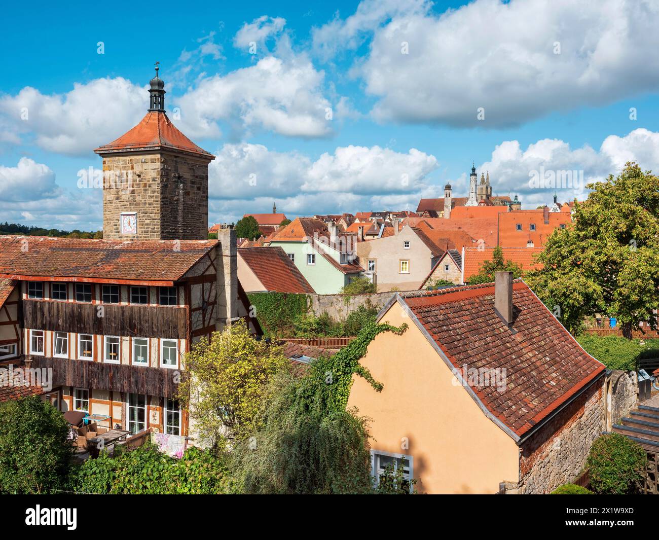 View of the houses and towers of the historic old town, Rothenburg ob ...